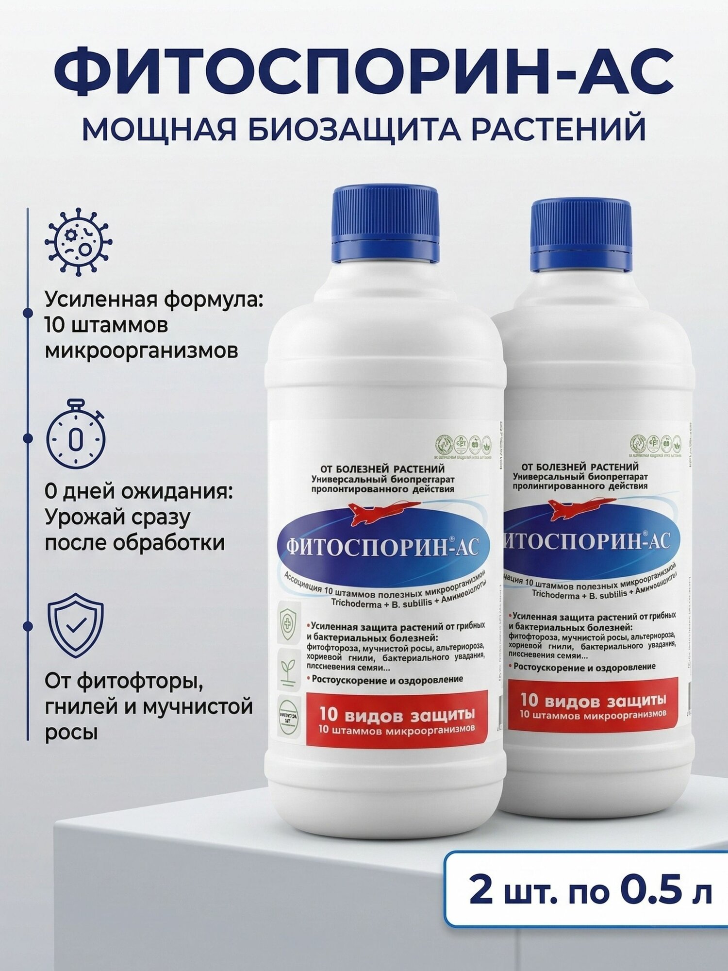 Фитоспорин-АС жидкий 0,5 л, набор 2 шт. Средство от болезней растений, фитофторы, корневой гнили и мучнистой росы. Биофунгицид и стимулятор роста для рассады, томатов и овощей