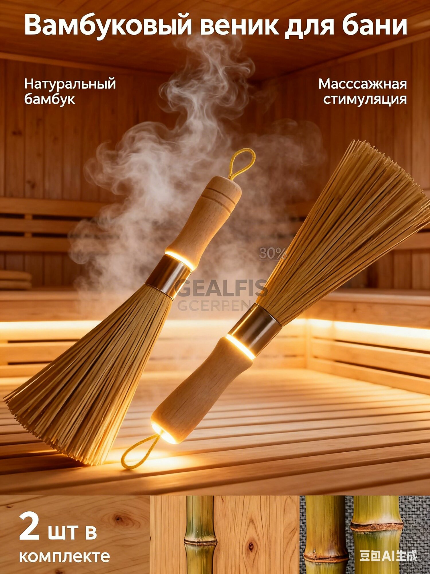 Бамбуковый веник для бани, 2 шт, натуральный массажный аксессуар для сауны и банного ритуала, расслабление и циркуляция