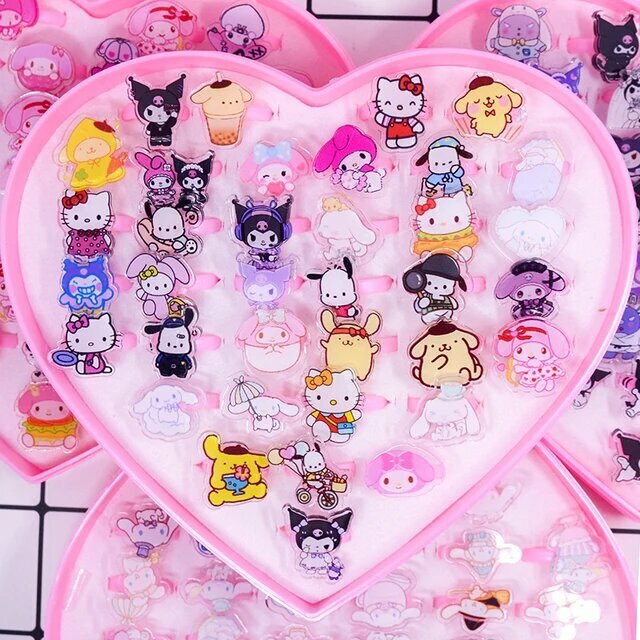 Набор из 10/20 регулируемых колец для детей Sanrio Hello Kitty Melody Kuromi Cartoon Girls Rings, подарки для вечеринки, в коробке.