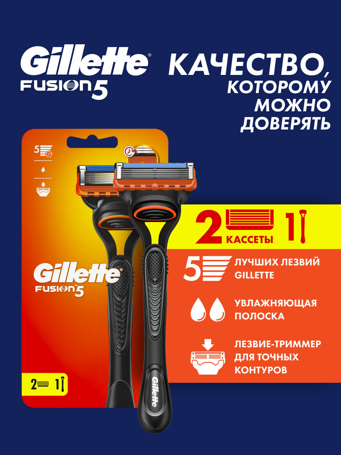Gillette Fusion5 Мужская Бритва , 2 кассеты, с 5 лезвиями, с уменьшающими трение лезвиями, с точным триммером