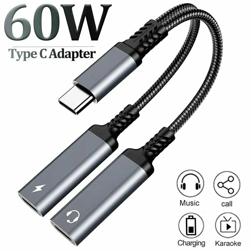 2in1 USB C Splitter для двойного типа Type C to 3.5mm Headphone Jack Аудио адаптер PD 60W Быстрое зарядное устройство для Samsung Huawei iPhone15 16 Xiaomi
