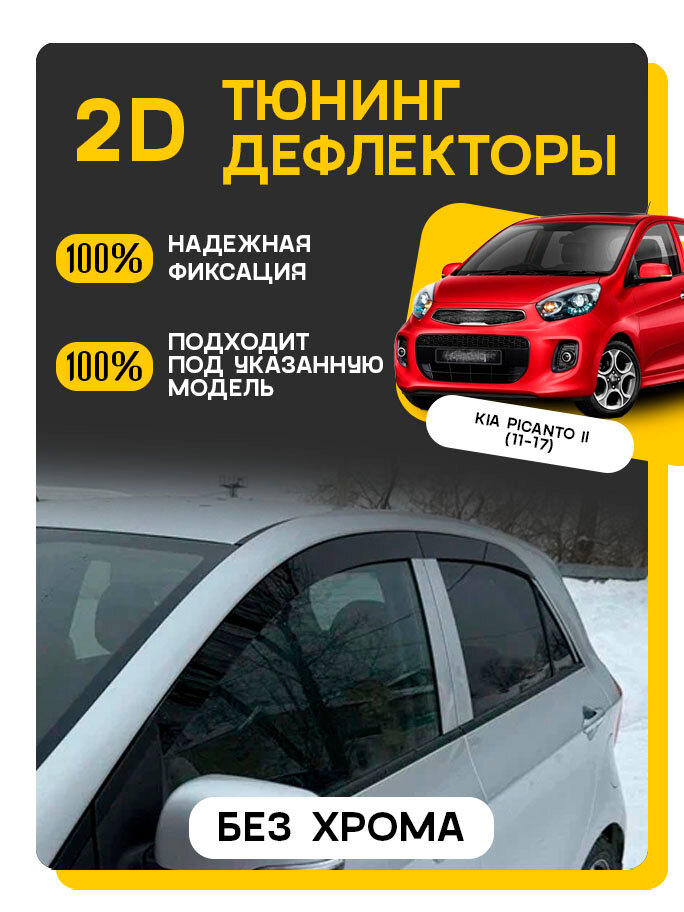 Плоские тюнинг дефлекторы для окон Kia Picanto 2 пятидверный (2011-2017) Ветровики для Киа Пиканто 2. Комплект 4 шт