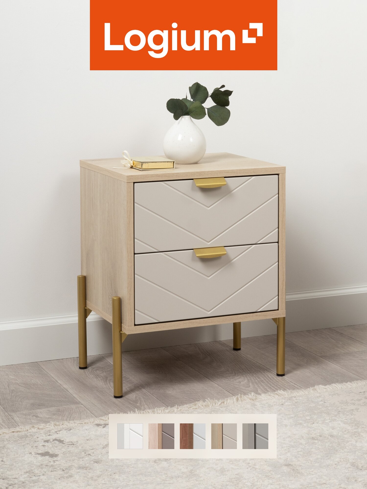 LOGIUM Прикроватная тумба Венеция 16.10, Дуб Белый, Монокерамика, с ящиками, 40 см х 34 см х 50 см