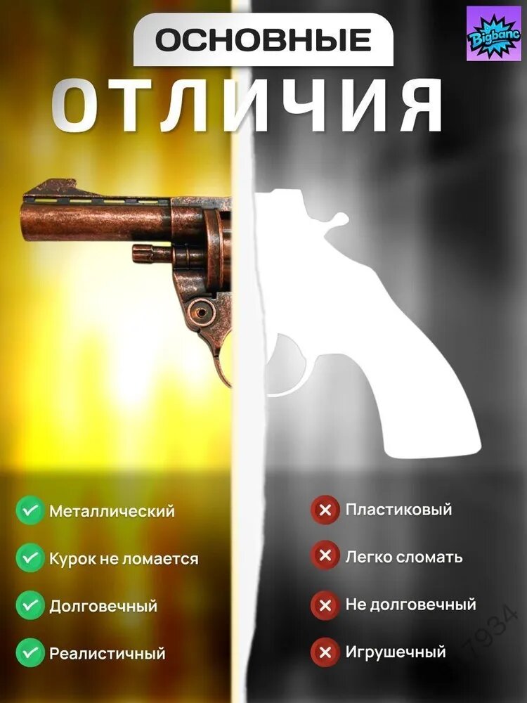 Игрушечное оружие Детский револьвер металлический с пистонами для активных игр и развлечений Медь — фото 1