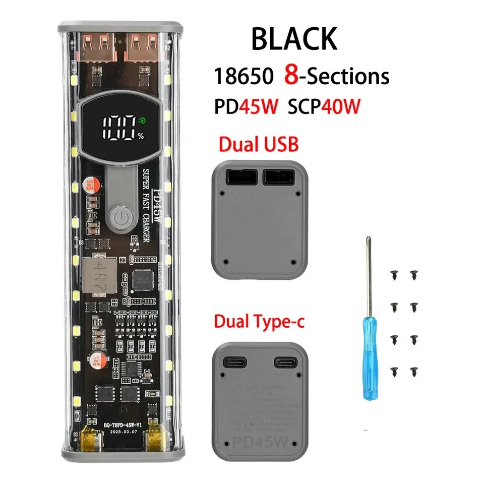 Корпус повербанка Aideepen Black PD45W 8-cell 18650