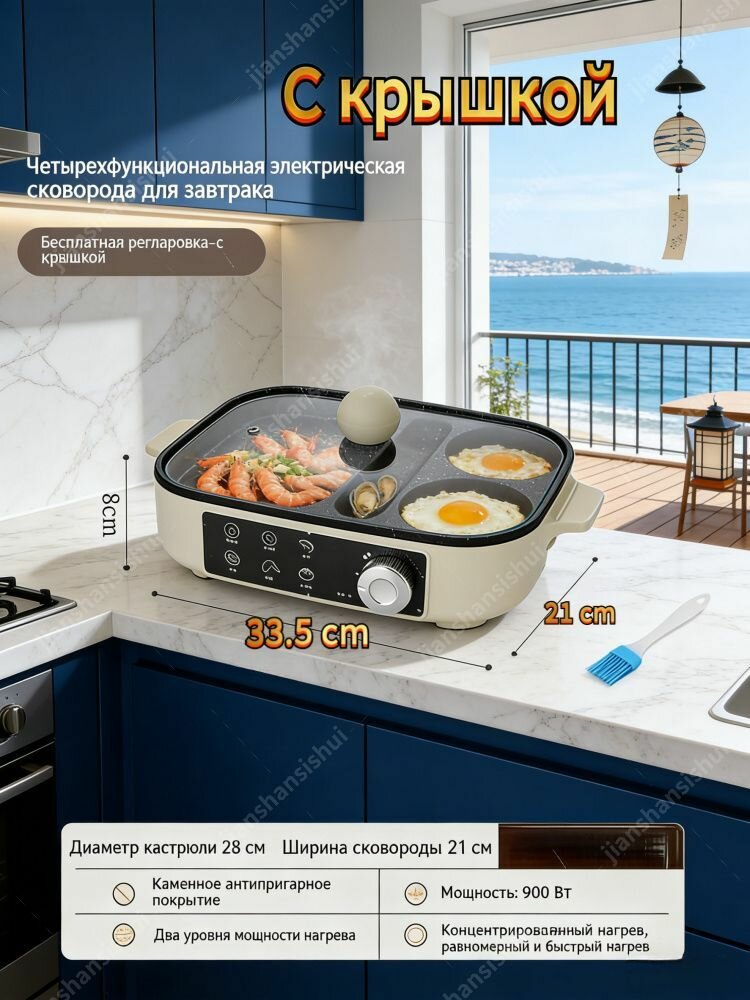 Многофункциональная электроблинница, антипригарное покрытие, для яиц, стейков, тамагояки, сосисок