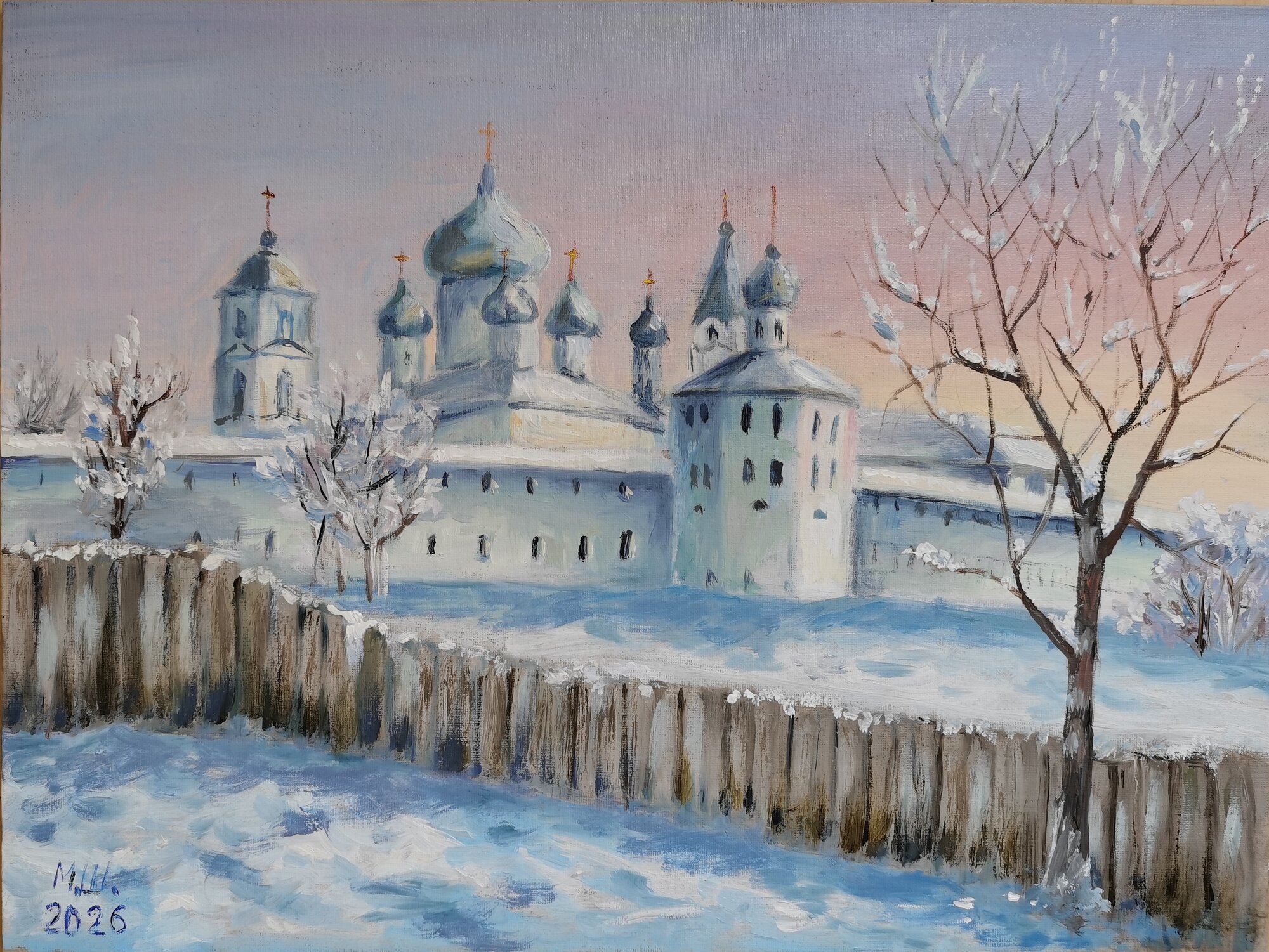 Картина "Никитский монастырь зимой", ручная авторская работа, масло, 30x40 см