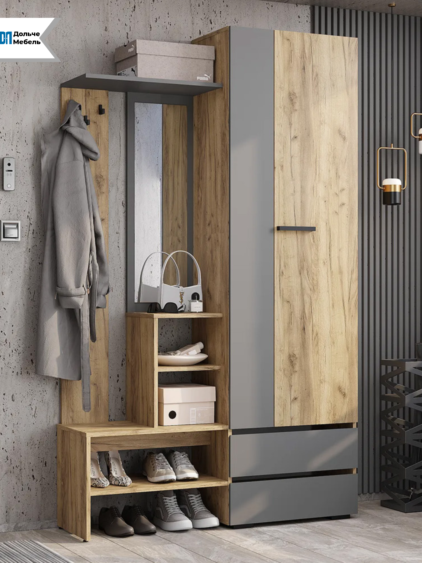 Прихожая Твист ПР-04 с зеркалом и вешалкой, мебель в коридор в стиле лофт, 120 см, дуб крафт / графит