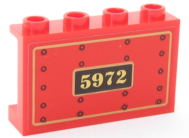 Panel 1 x 4 x 2 with Side Supports - Hollow Studs with Gold '5972', Black Rivets and Gold Borders on Red Background Pattern (Sticker) - Set 75955, 14718pb022 Red U