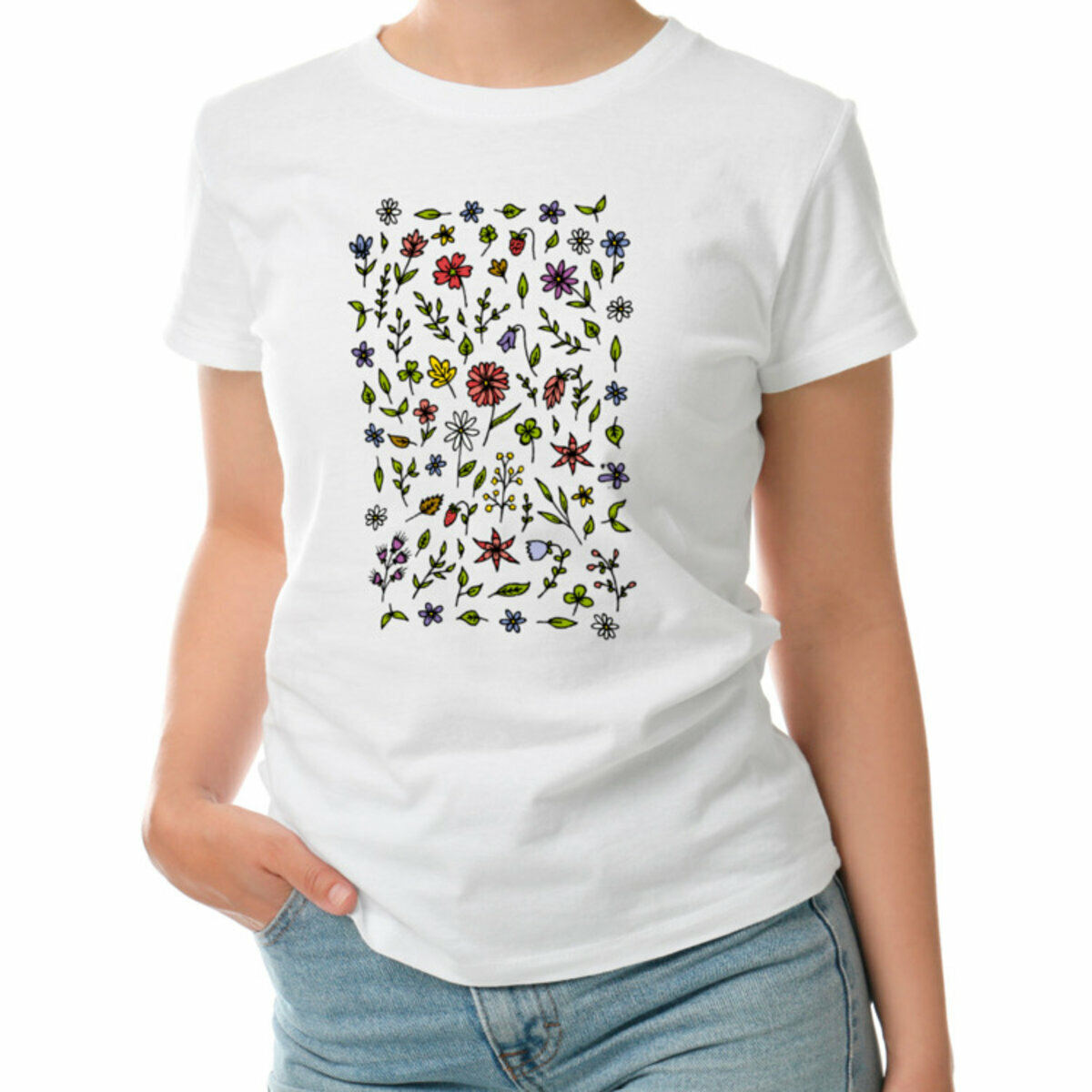 Женская футболка «Узор из цветов и веточек» (белый, 2XL)