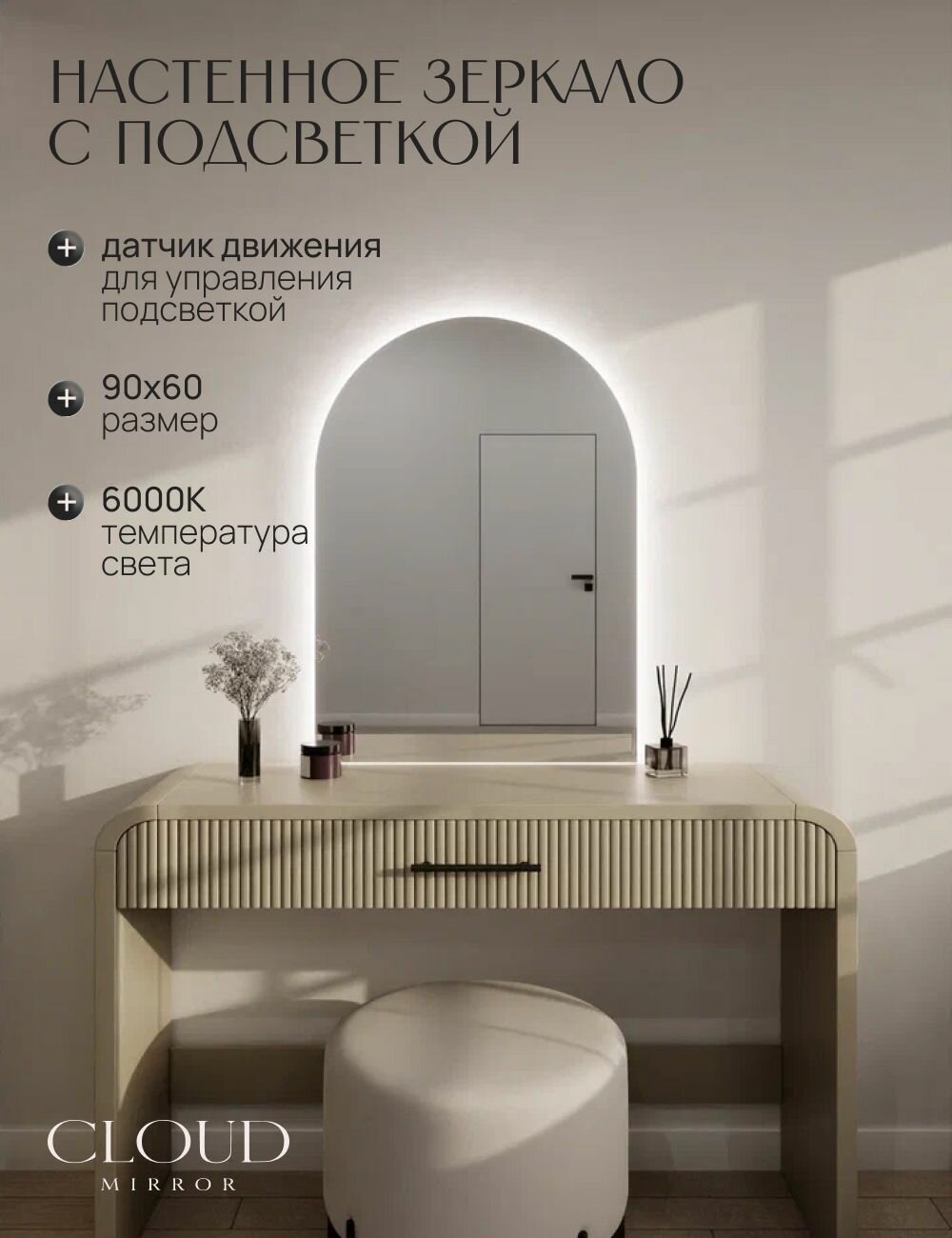 Зеркало 90х60 см. CLOUD MIRROR М5 настенное фигурное с подсветкой холодный свет 6000К