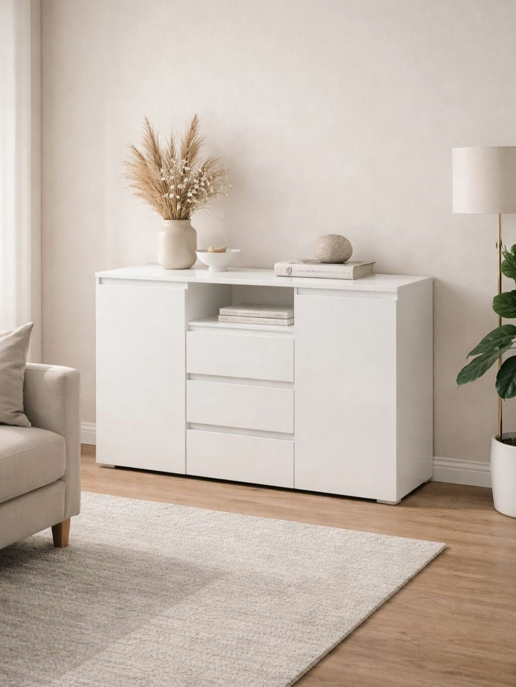 Комод с 2 дверцами и 3 ящиками, открытая ниша, 120,2х95,8х46 см, белый, 1 шт.