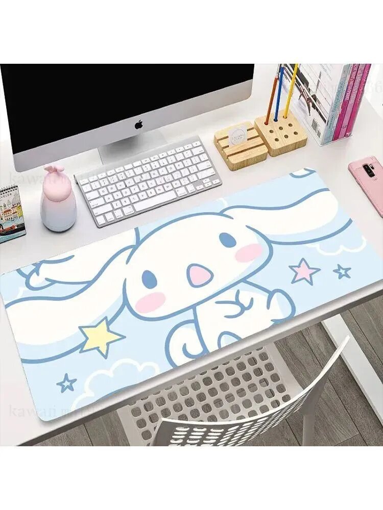 Коврик для мышки Cinnamoroll XL голубой белый прошитые края для игрового компьютера