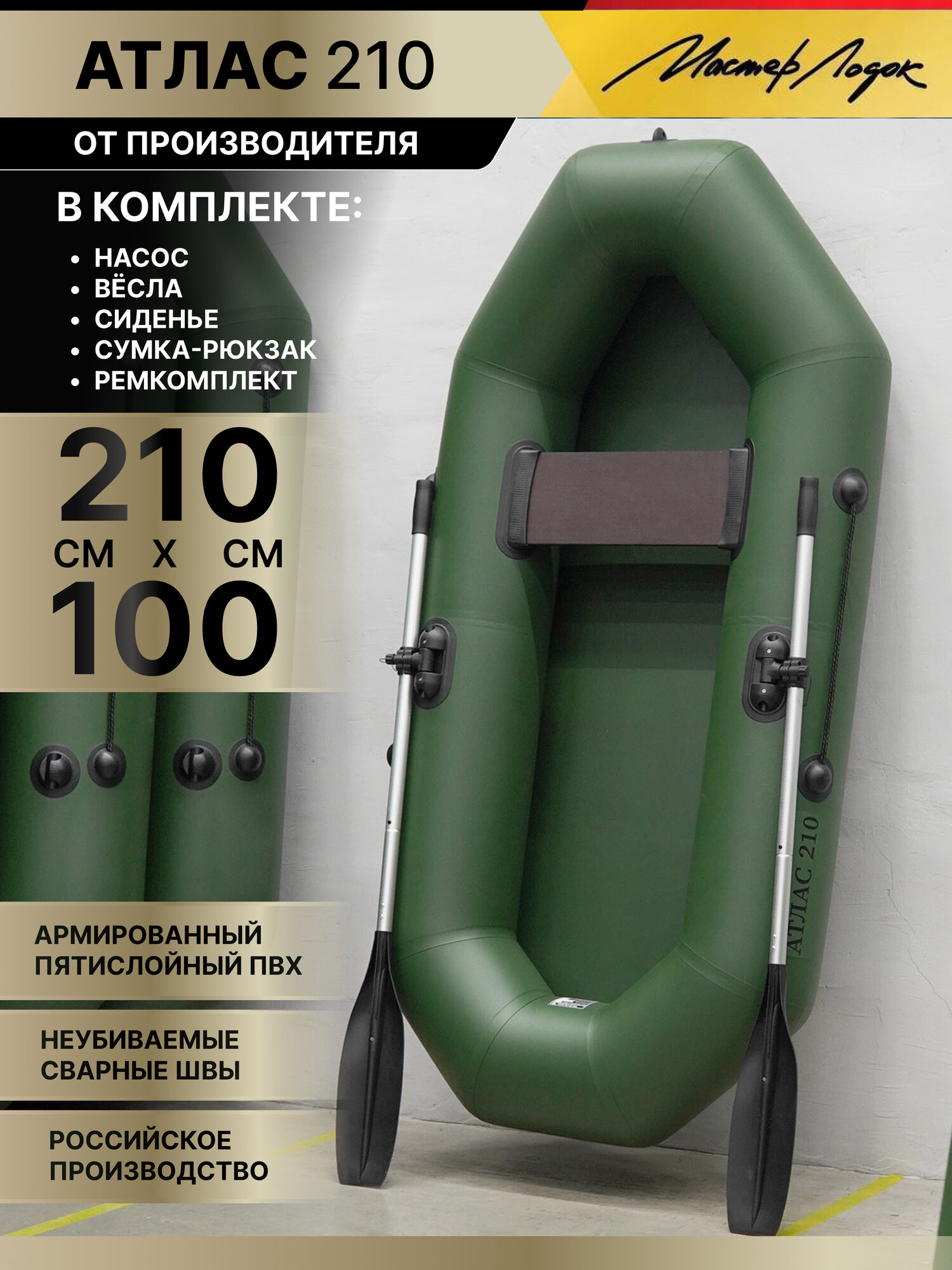 Лодка надувная ПВХ Атлас 210 для рыбалки гребная Мастер Лодок