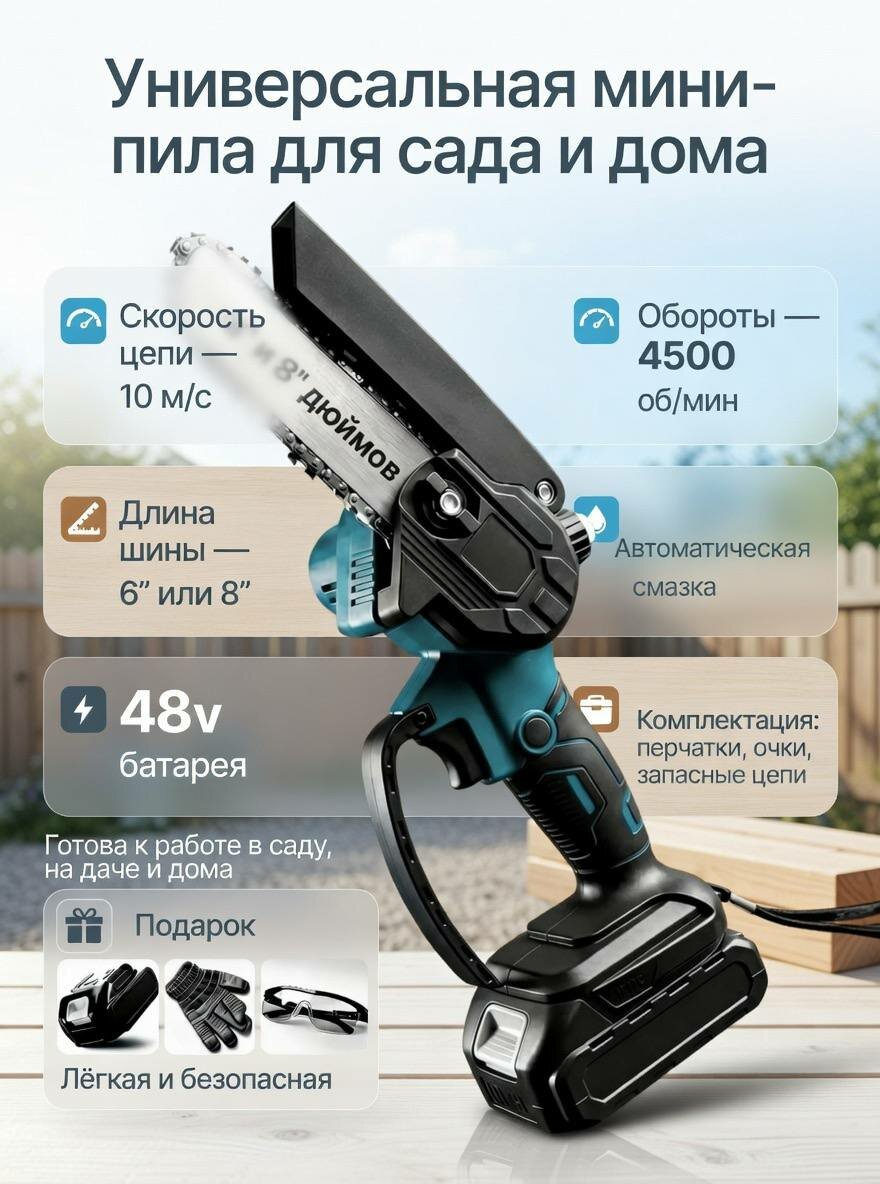 Аккумуляторная пила для сада, синяя, с защитным кожухом и 2 аккумуляторами