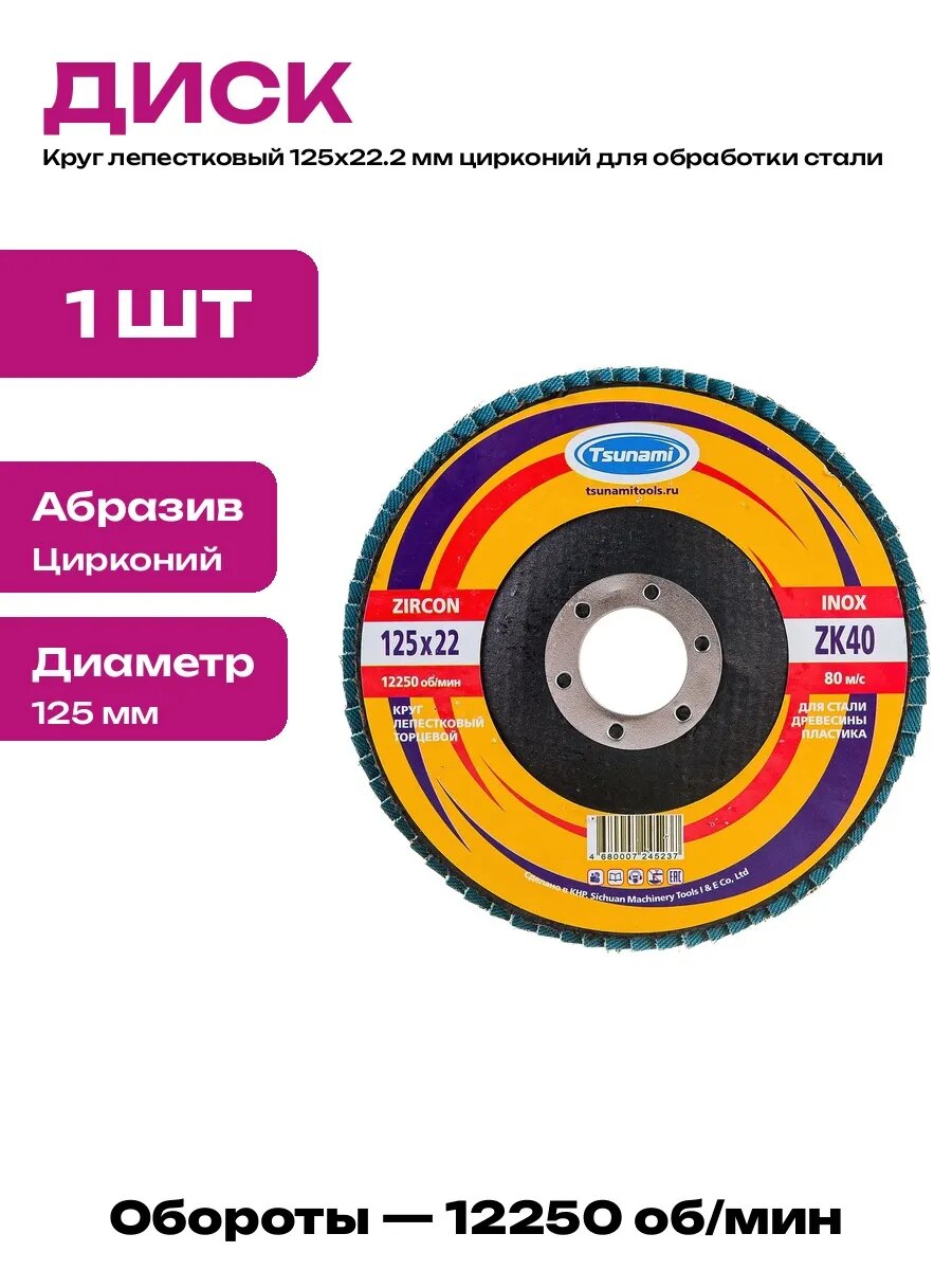 Круг лепестковый торцевой КЛТ1 125 мм цирконий по стали P40