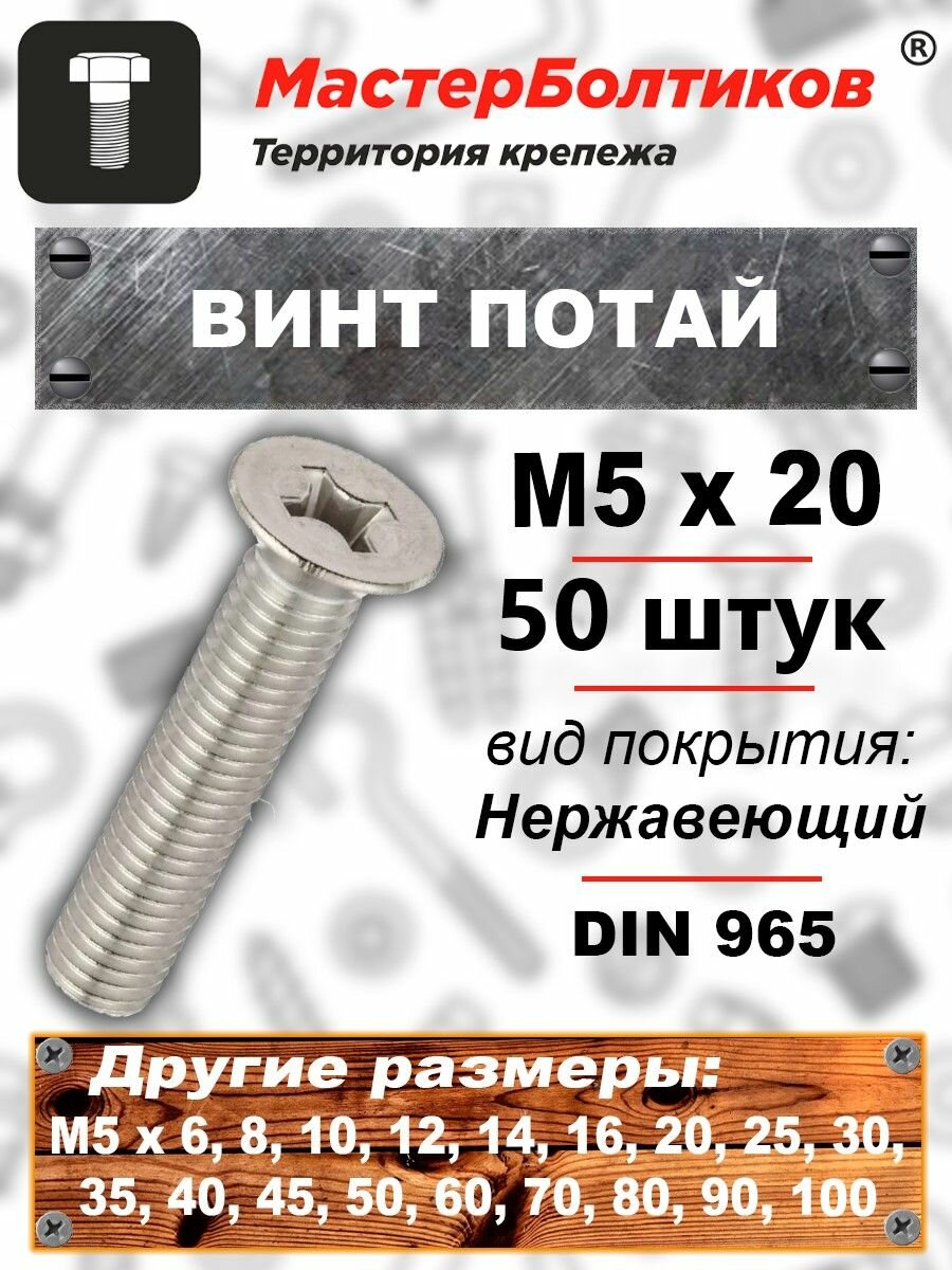 Винт потай M5х20 нержавеющий А2 DIN 965 "МастерБолтиков" ( 50 шт )