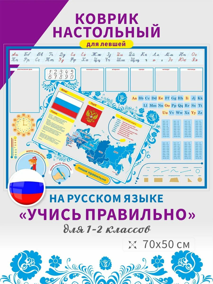 Коврик на стол обучающий для детей-левшей 1-2 классов. Флаг, гимн, карта, таблица умножения, алфавит. Коврик для мыши