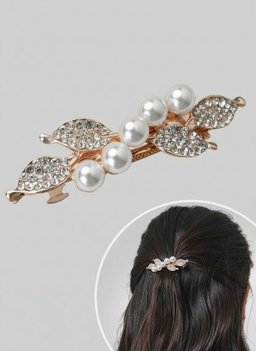 Заколка для волос автомат со стразами и жемчугом ClickClack