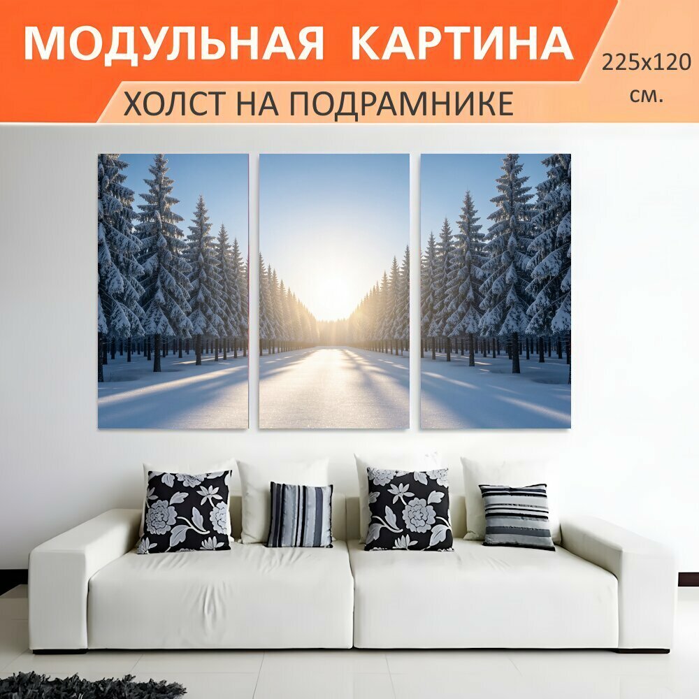 Модульная картина на холсте "Зимняя аллея в лесу. Снежная дорога среди высоких елей, покрытых инеем, с мягким солнечным сиянием у." триптих на подрамнике 225х120 см. для интерьера