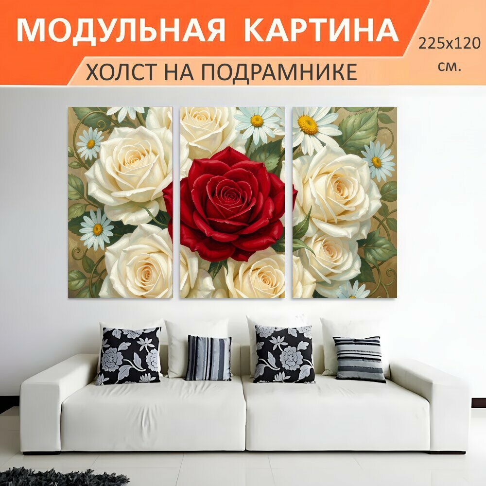 Модульная картина на холсте "Букет роз и ромашек. Нежная цветочная композиция в живописной манере: алые и кремовые бутоны, светлые." триптих на подрамнике 225х120 см. для интерьера
