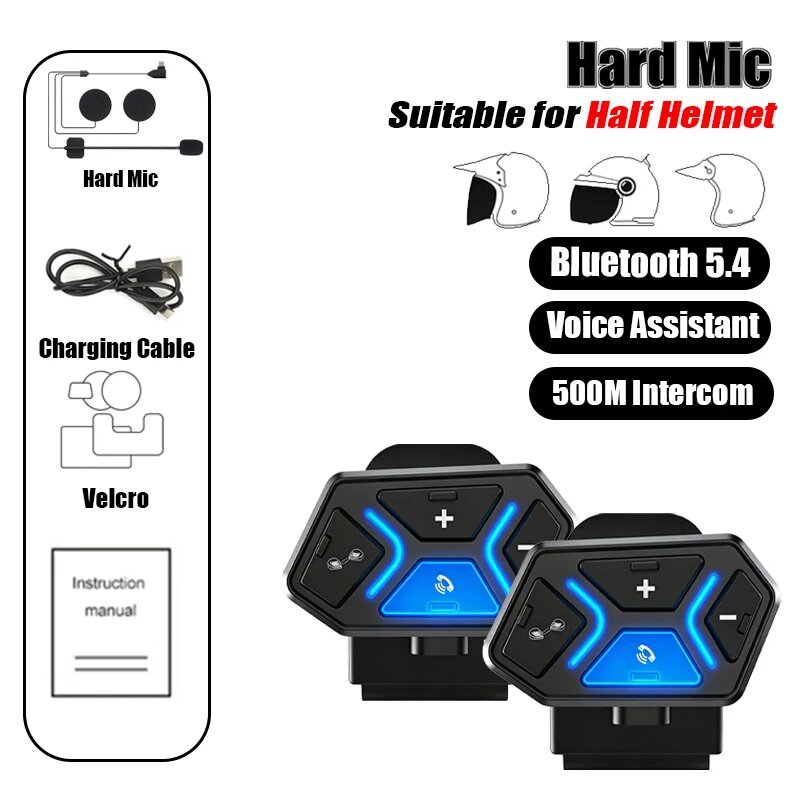 Мотогарнитура Bluetooth 5.4, интерком 500м, 2 шт. Hard Mic