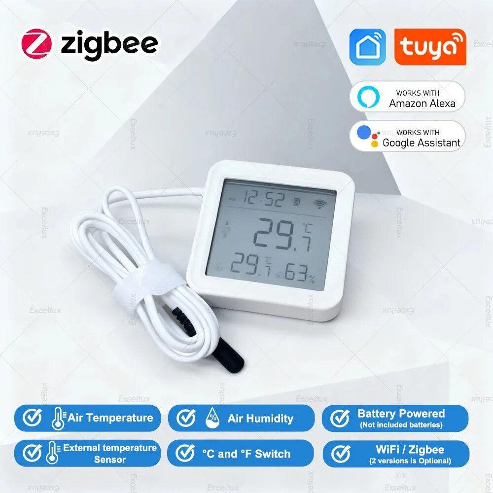 Умный датчик температуры и влажности Zigbee Tuya, с проводным датчиком