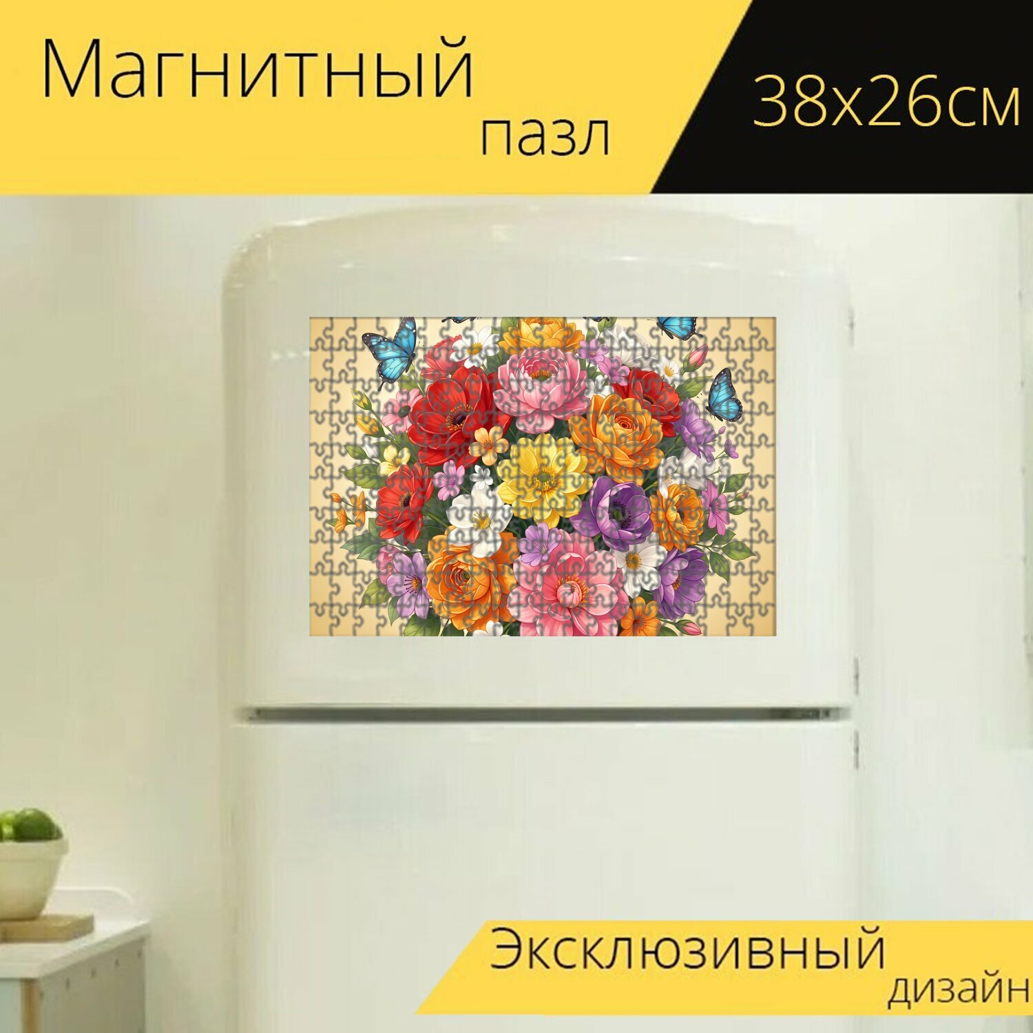 Магнитный пазл "Яркий букет с бабочками. Пышная композиция из разноцветных садовых цветов в розовых, красных, оранжевых, жёлтых и фиолетовых тонах, вокруг." для интерьера, 38х26 см.