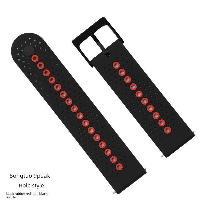 Suunto 9 Peak 22 мм черная силиконовая браслет с черной пряжкой, красные перфорированные отверстия
