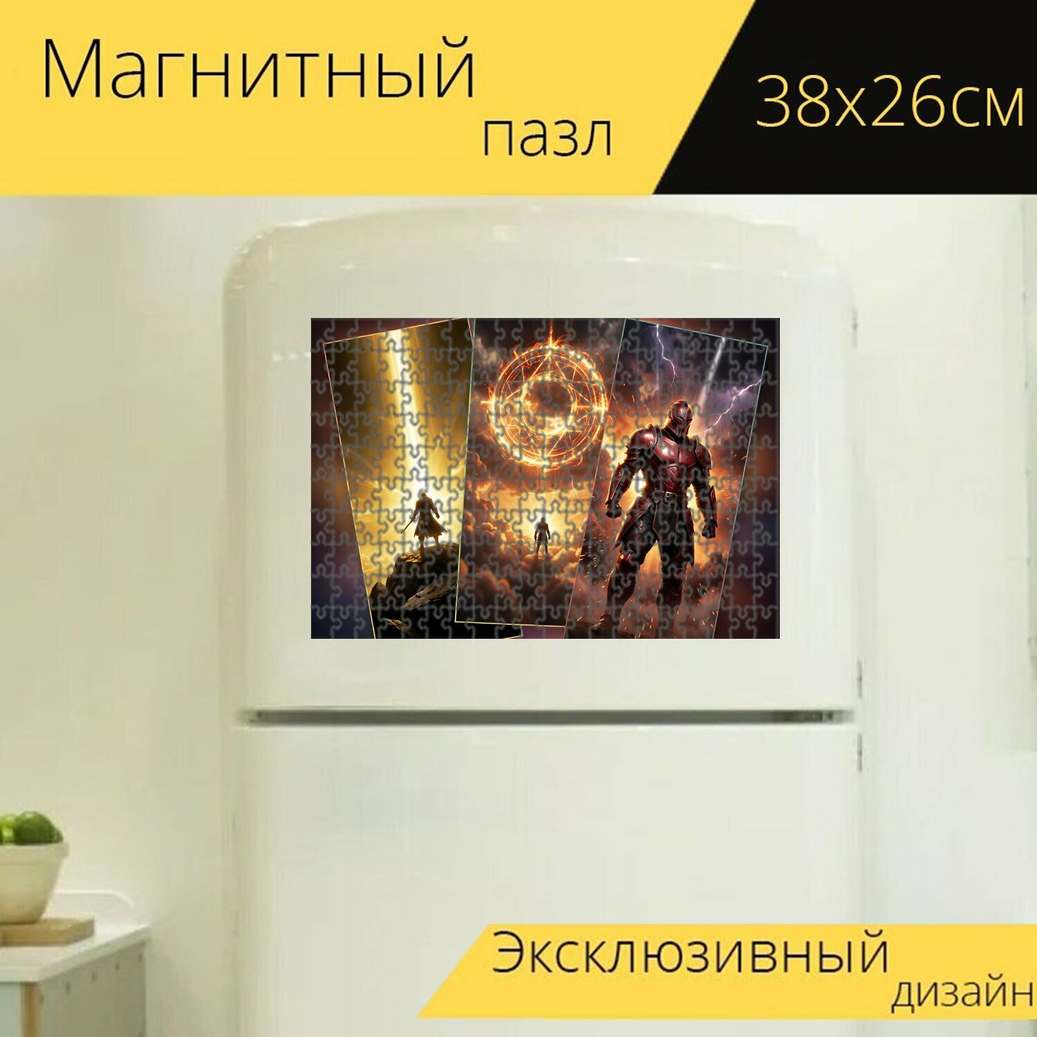 Магнитный пазл "Фэнтези воины и магия. Эпический триптих в тёмных и огненных тонах: загадочный магический символ, сияние небес и рыцарь в красных доспехах." для интерьера, 38х26 см.