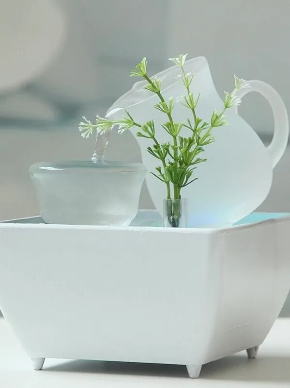 Фонтан для дома настольный из керамики стеклянный белый декоративный для интерьера