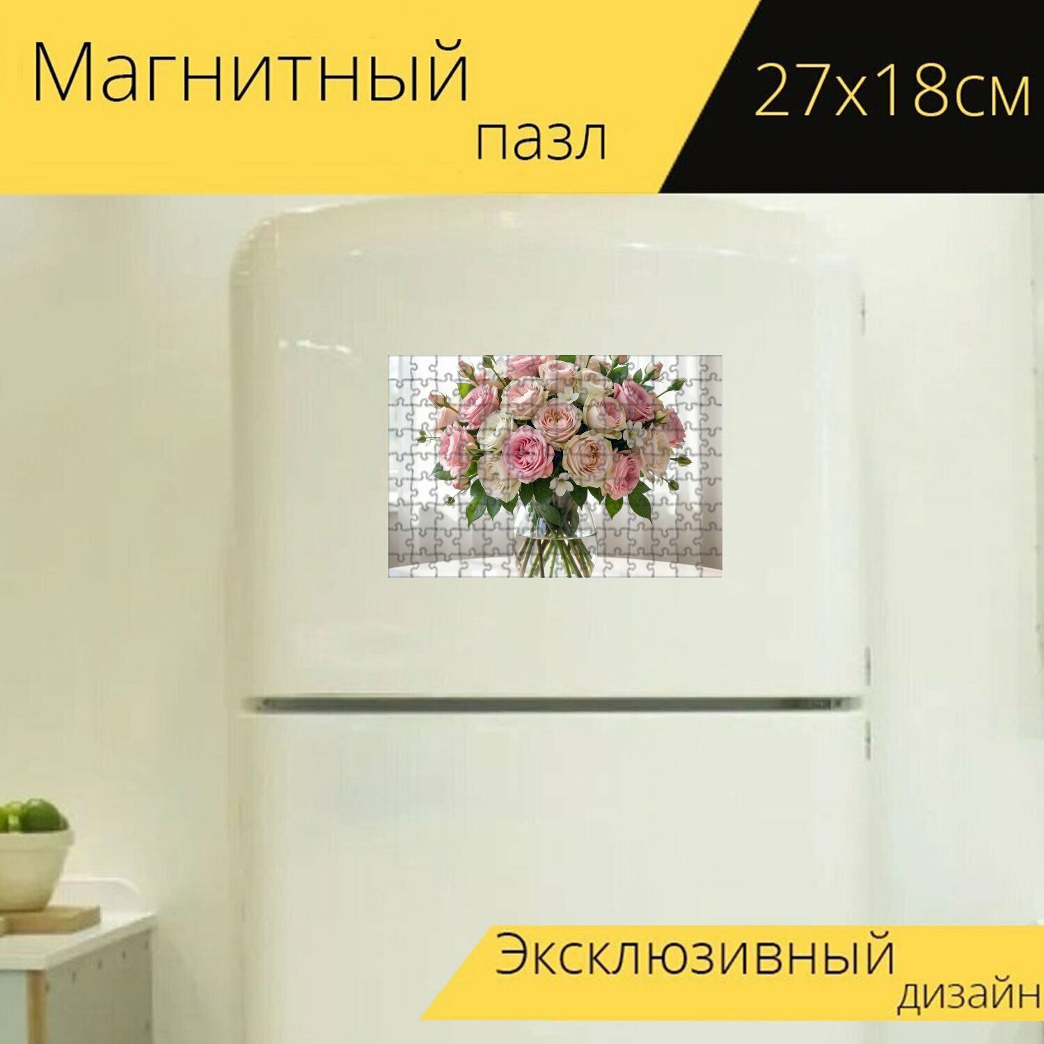 Магнитный пазл "Нежный букет роз в вазе. Роскошная композиция из розовых и кремовых цветов с зелёными листьями в прозрачной стеклянной ёмкости. Светлый." на холодильник 27 x 18 см.