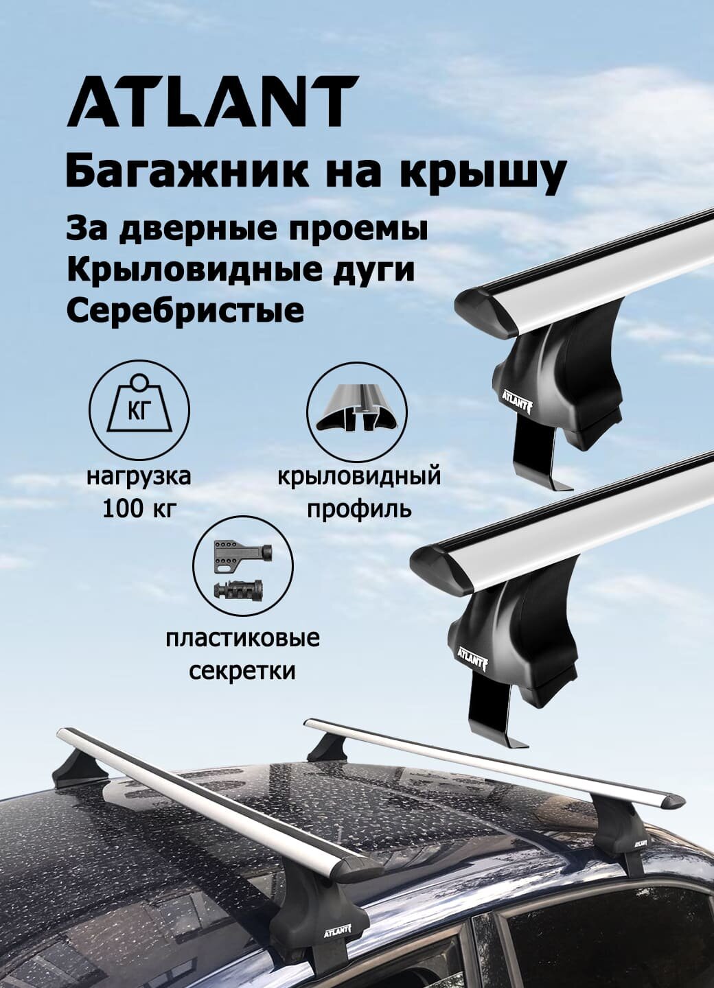 Багажник на крышу Atlant тип E для Москвич 6 лифтбек 23-25 крыловидный, серебристый (атлант)