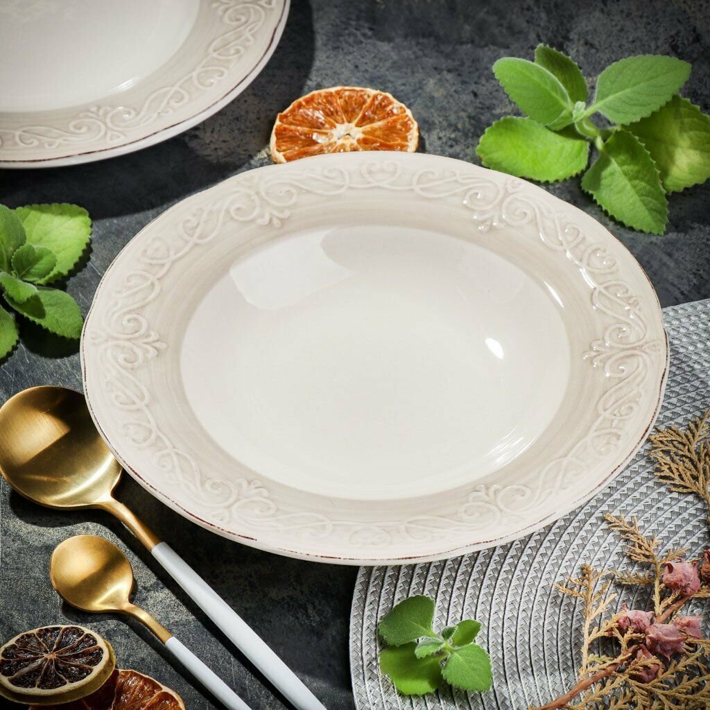 Тарелка суповая Daniks Антика 22 см, глубокая керамическая посуда для подачи первых блюд, бежевая с узором, для СВЧ и ПММ