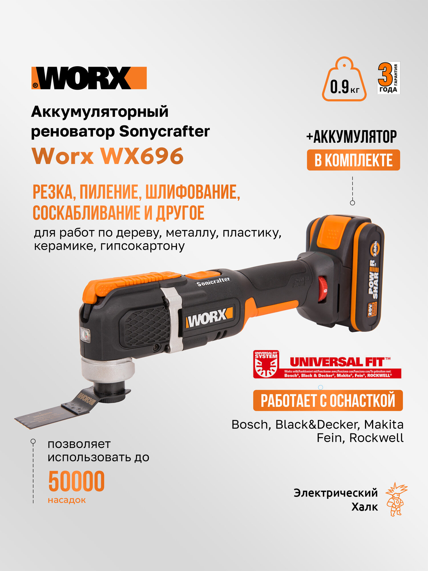 Аккумуляторный реноватор Worx Sonicrafter WX696, 18000 кол/мин, 20В, АКБ 2 Ач + ЗУ 2А, кейс