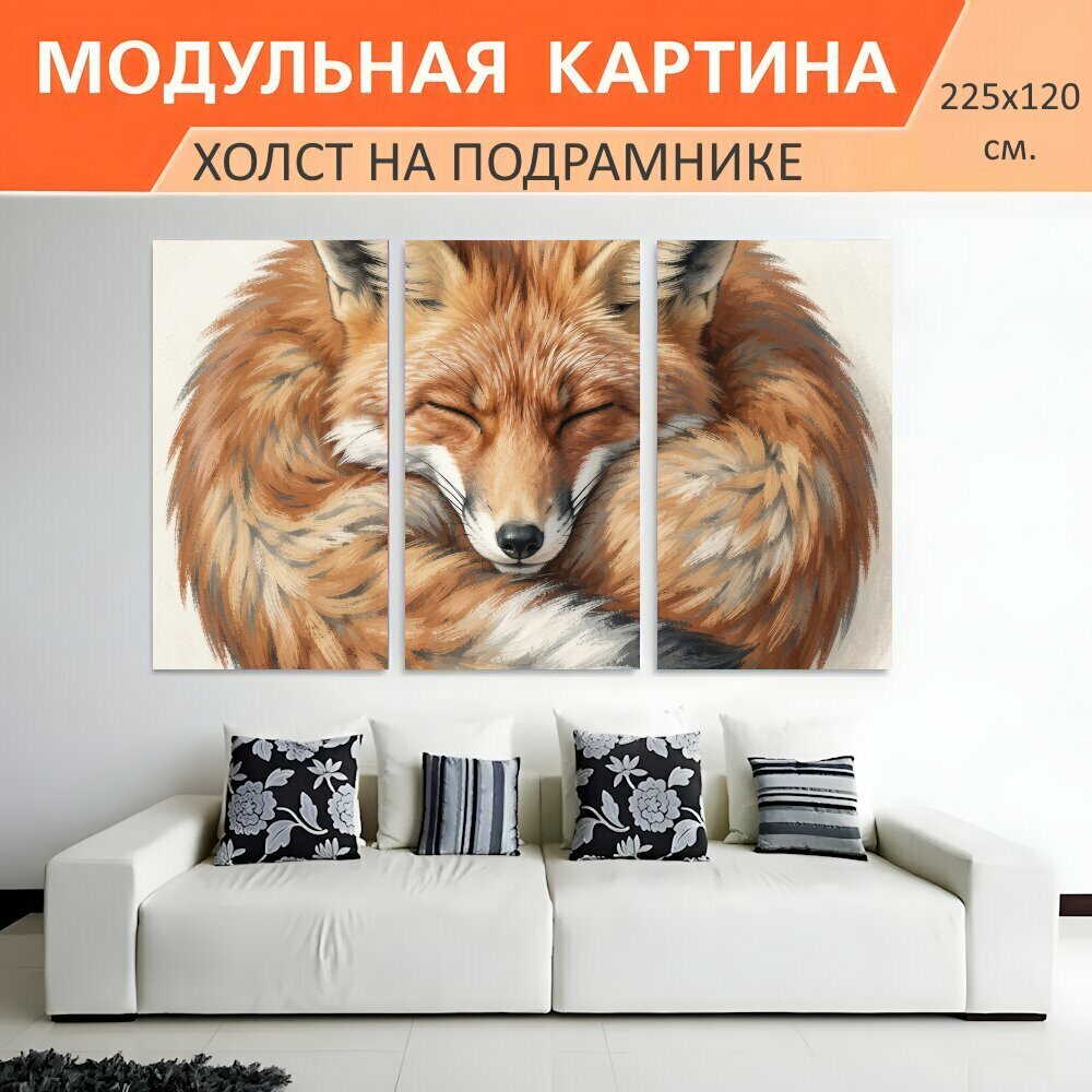 Модульная картина на холсте "Лиса, свернувшаяся клубком. Милая рыжая лисица с закрытыми глазами, свернувшаяся в пушистый комок." триптих на подрамнике 225х120 см. для интерьера