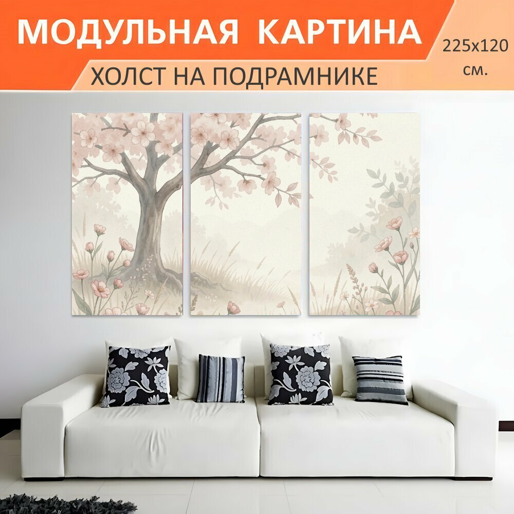 Модульная картина на холсте "Цветущее дерево и полевые цветы. Нежная акварельная сцена с раскидистым деревом в розовом цветении." триптих на подрамнике 225х120 см. для интерьера