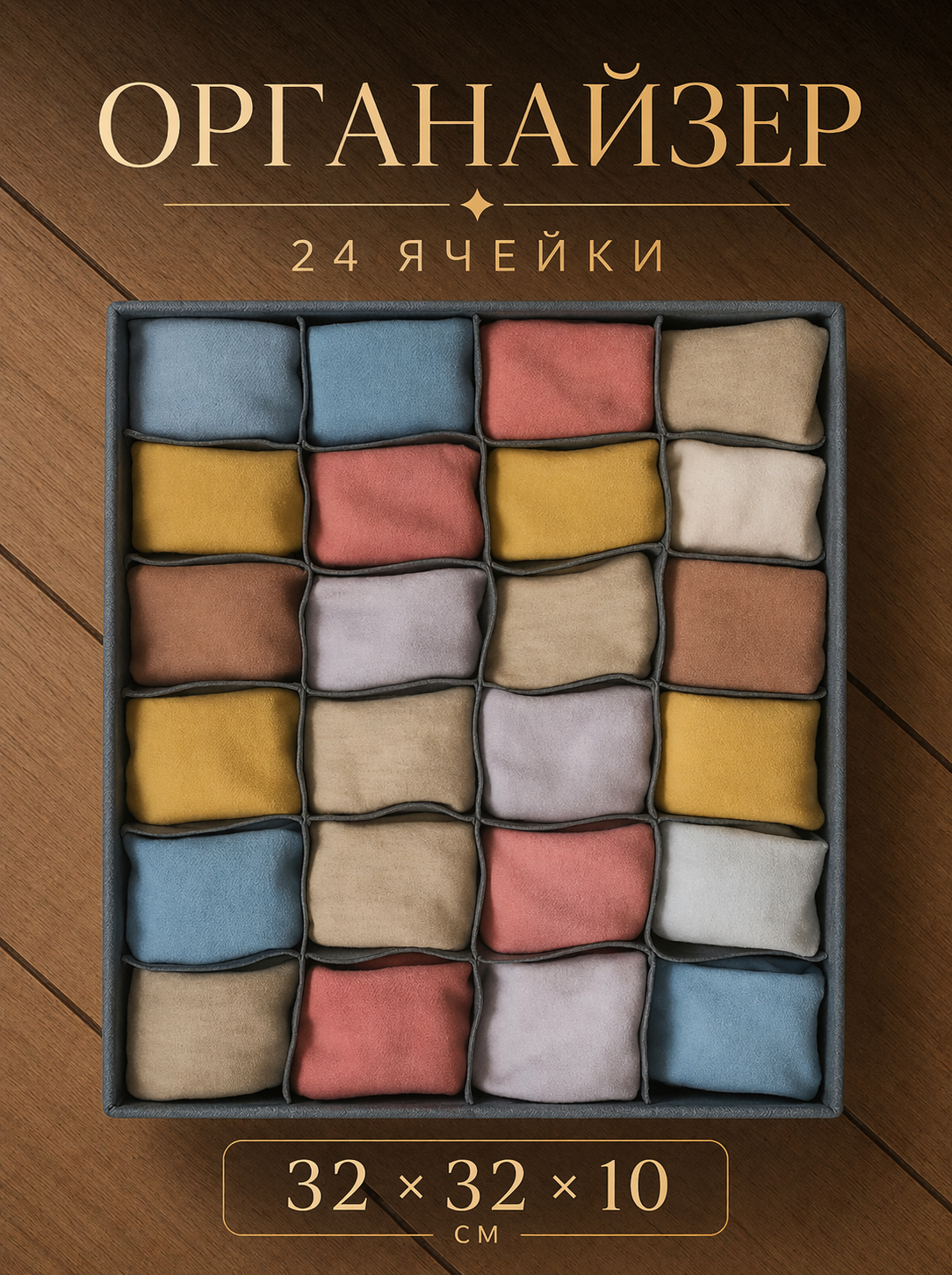 Органайзер для хранения носков, нижнего белья (Серый 24 ячейки)
