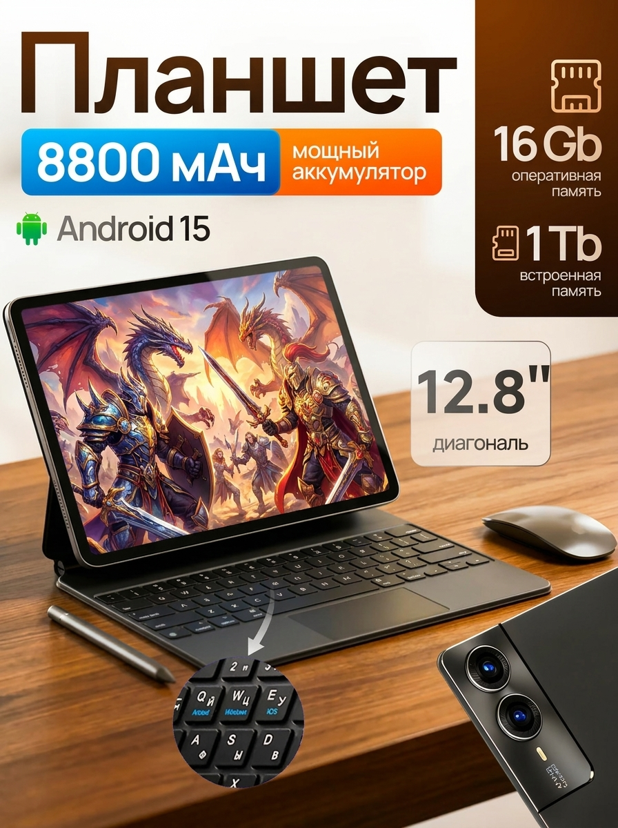 5G Планшет Galaxy S13 андроид15 16+1024G 12.8" с мышью и клавиатурой 8800мАч 2K экран Новинка 2026