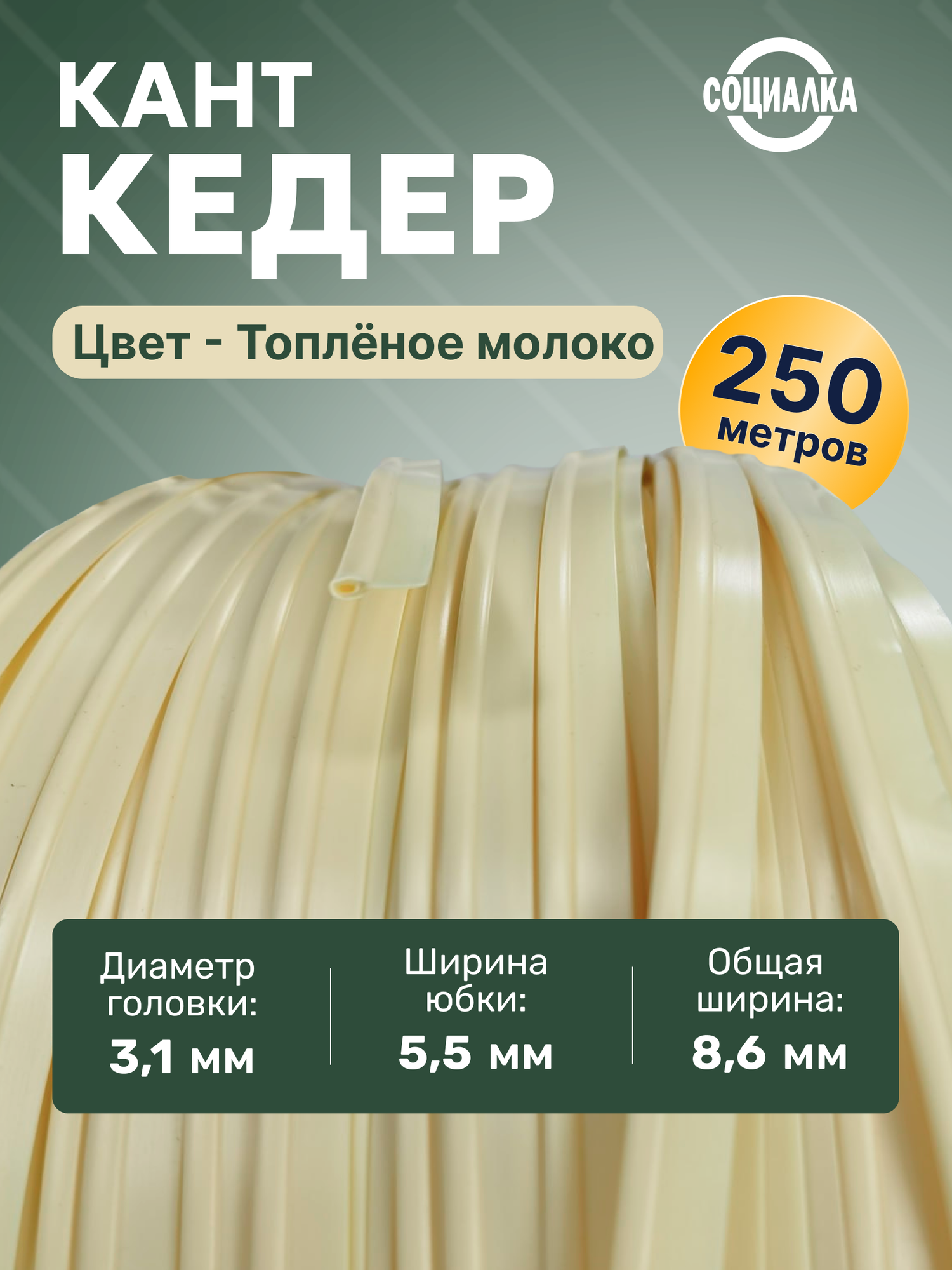 Кедер ( кант, жилка) для сумок, авточехлов и одежды, намотка 250м, топленое молоко/размер: ширина головки 3,1мм; длина юбки 5.5мм