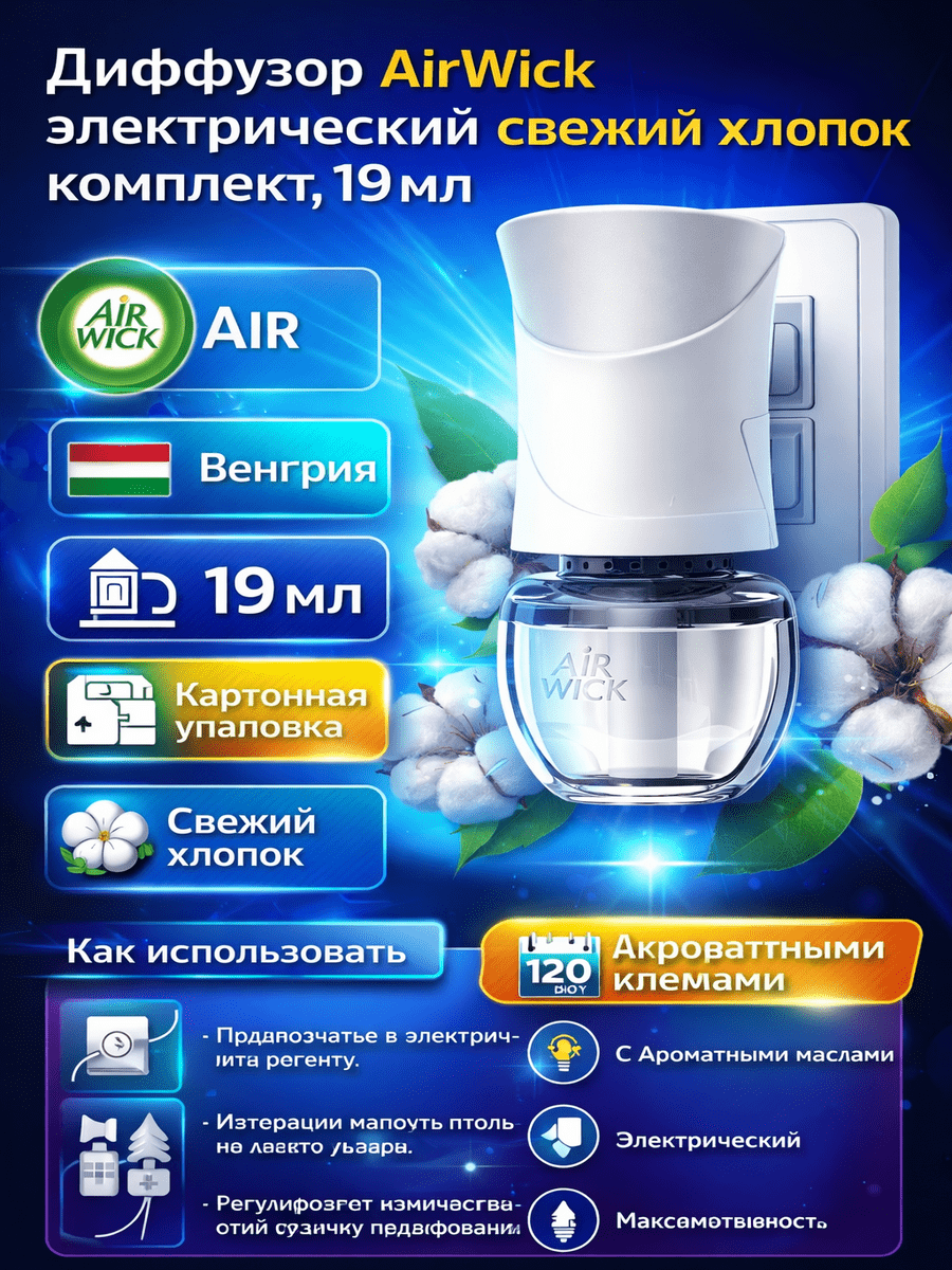 Диффузор AirWick электрический свежий хлопок комплект, 19мл