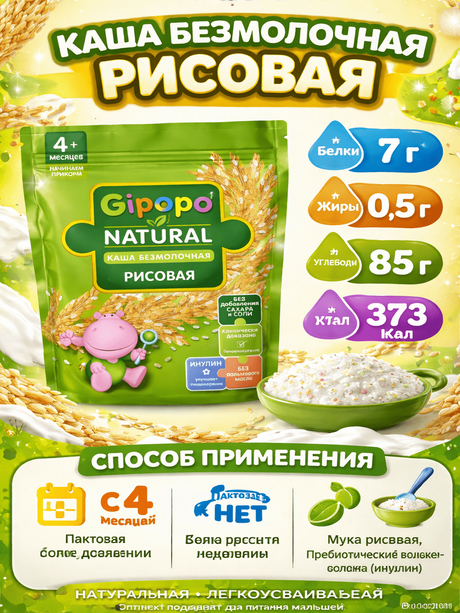 Каша безмолочная детская Gipopo Рисовая с 4 месяцев, 180г