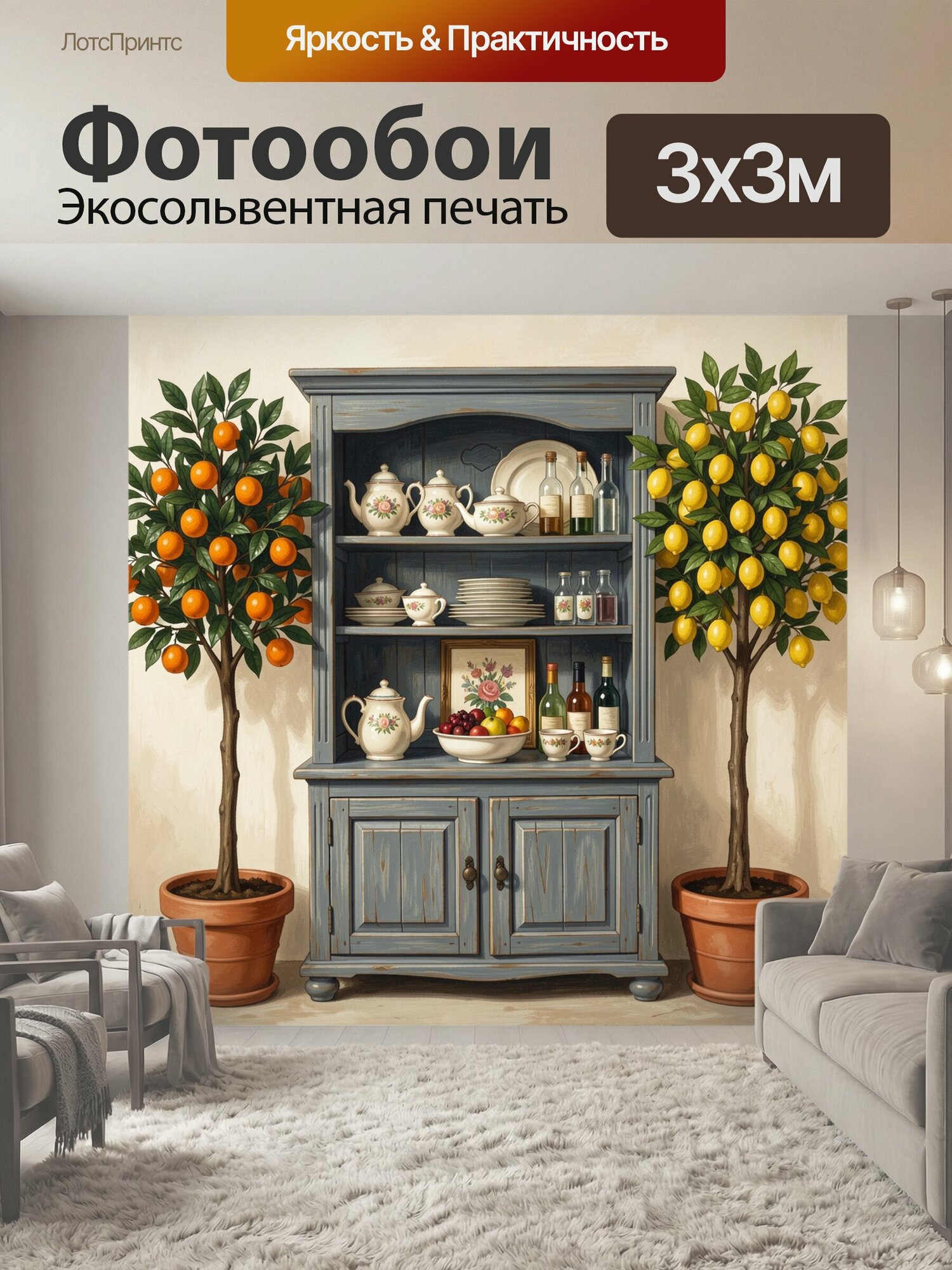Фотообои "Лимонные и апельсиновые деревья с буфетом. Уютная интерьерная композиция в винтажном стиле: синий деревянный шкаф с посудой." 300x300 см. экосольвентная печать