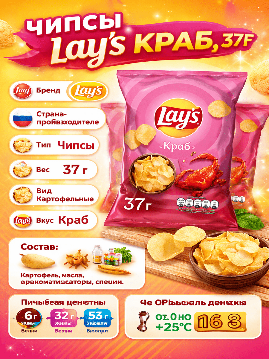 Чипсы Lay's Краб, 37г x 2 упаковки