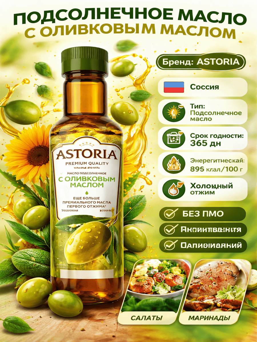 Масло подсолнечное Astoria с оливковым маслом, 250мл