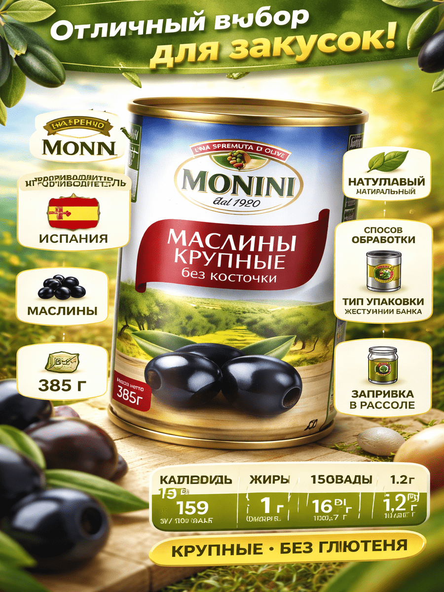Маслины Monini Крупные без косточки, 385г