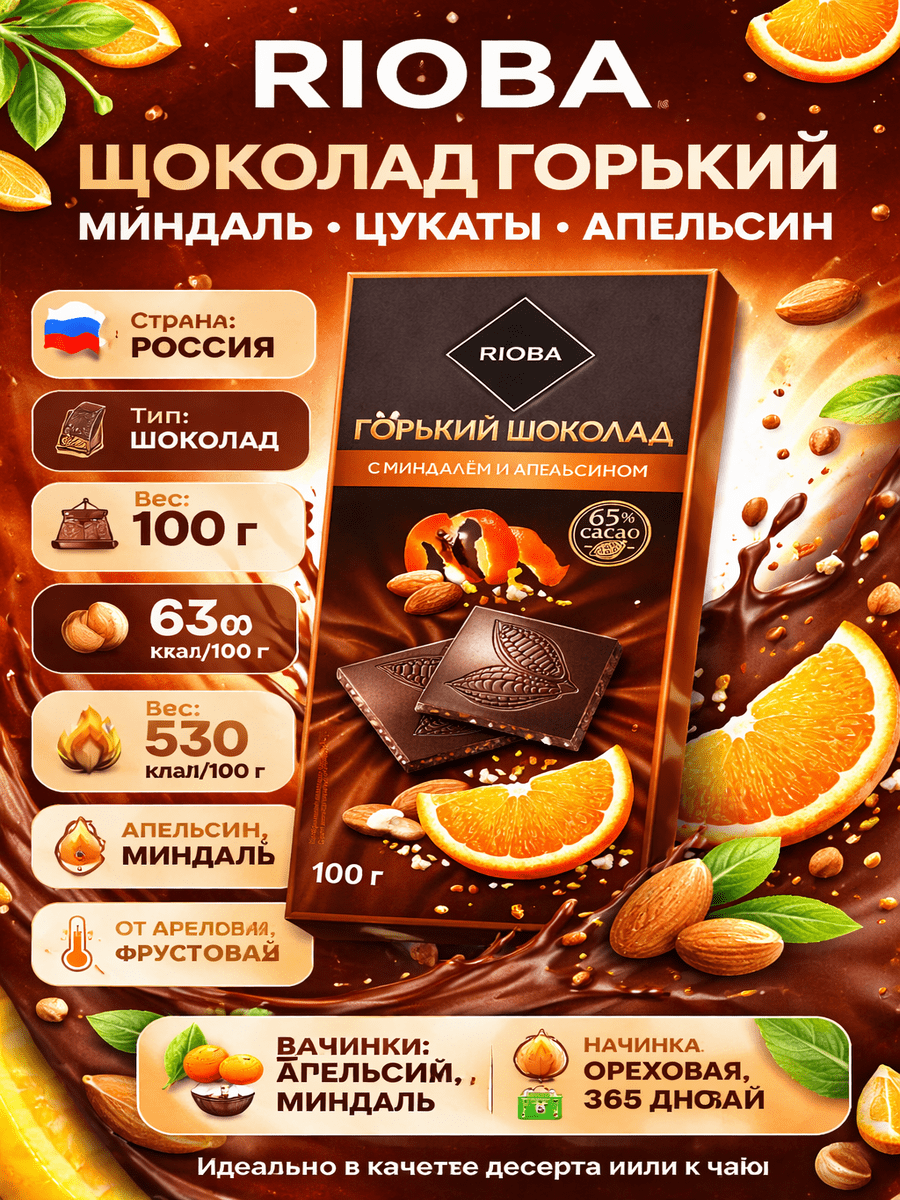 RIOBA Шоколад горький миндаль, цукаты, апельсин, 100г