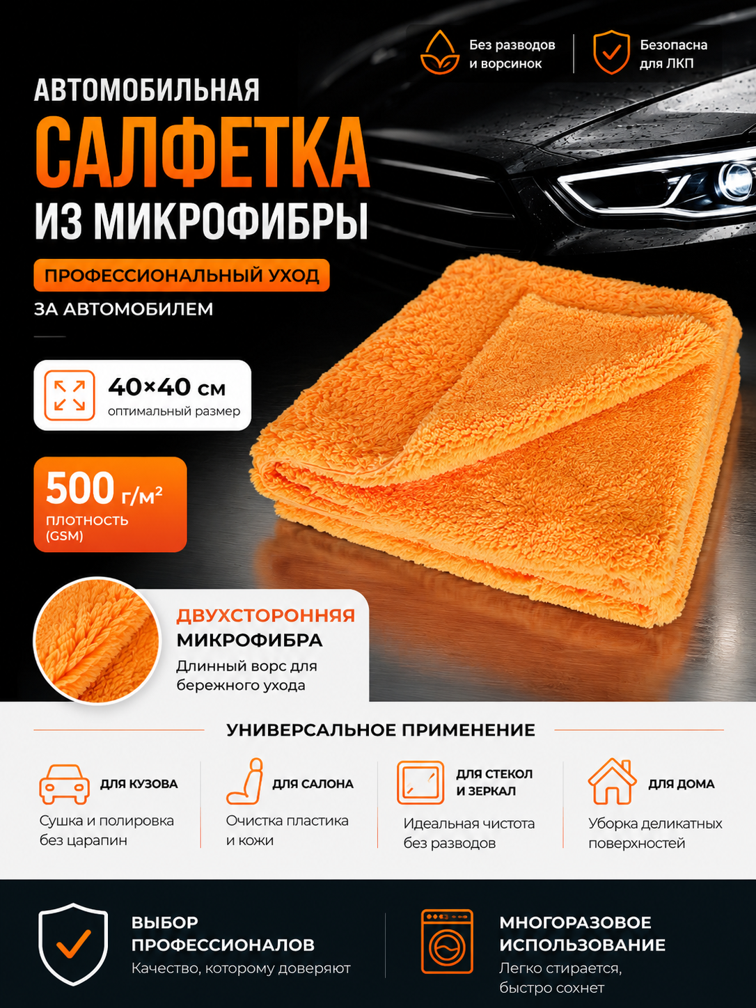 Салфетка автомобильная. Микрофибра. 40х40см 500гр/м жёлтая