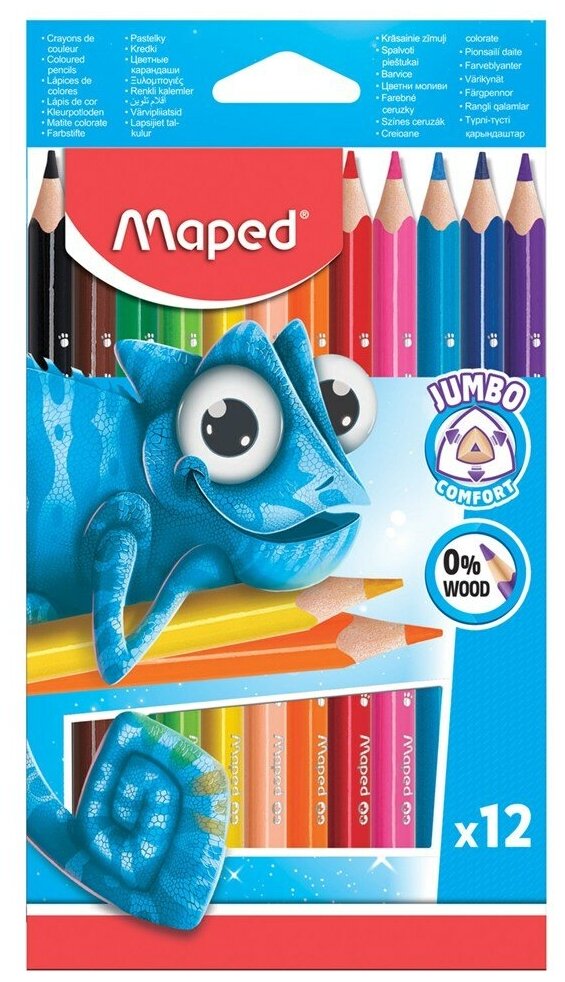 Карандаши цветные утолщенные MAPED (Франция) "Pulse", 12 цветов, пластик, трехгранные, заточенные, европодвес