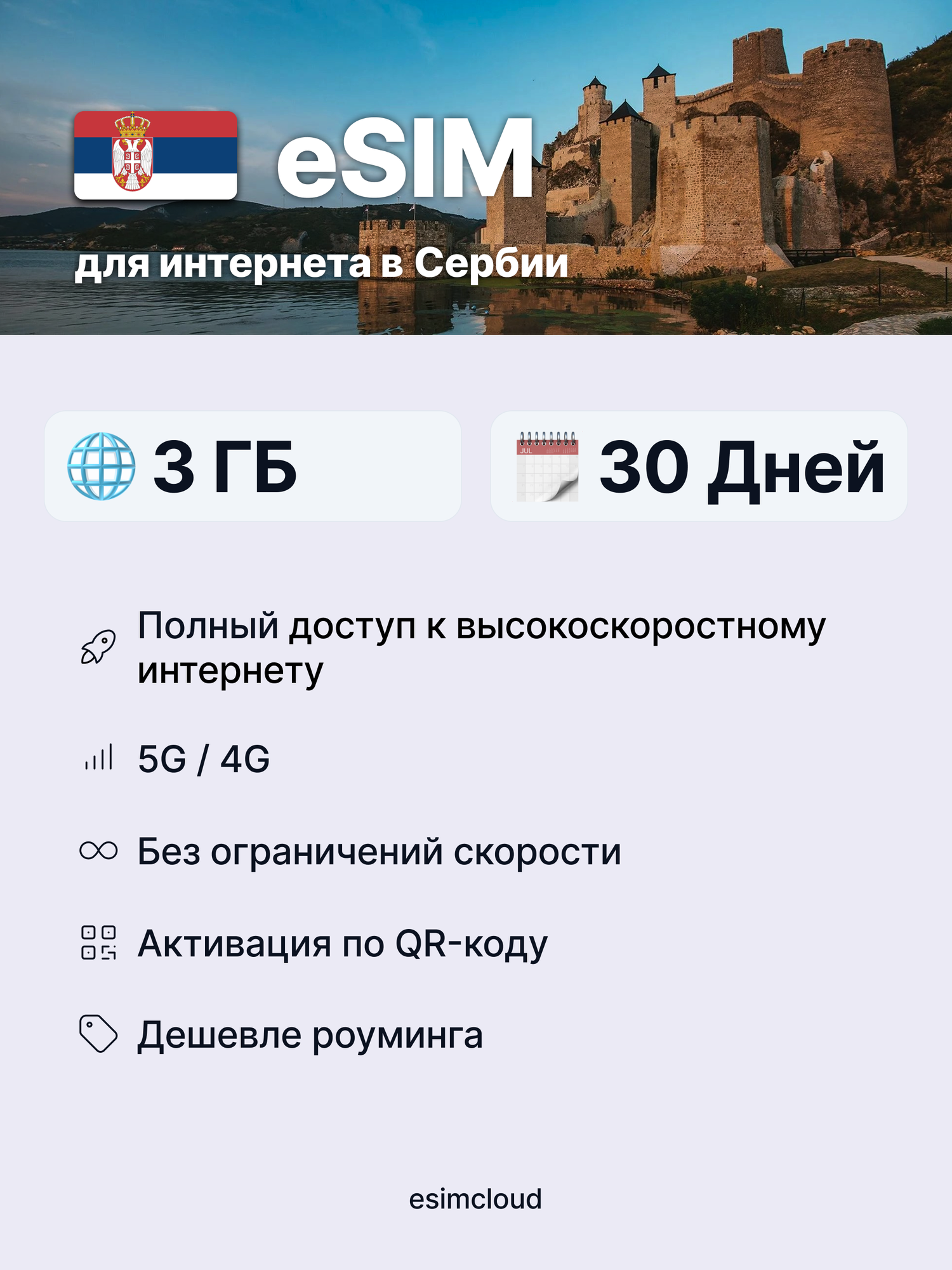 ESIM для Сербии 3 ГБ / 30 дней • Мобильный интернет • Универсальная eSIM • 4G LTE / 5G • Смартфон и планшет